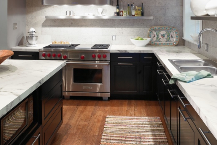 Update your dark wood cabinets with Formica ® Laminate countertops