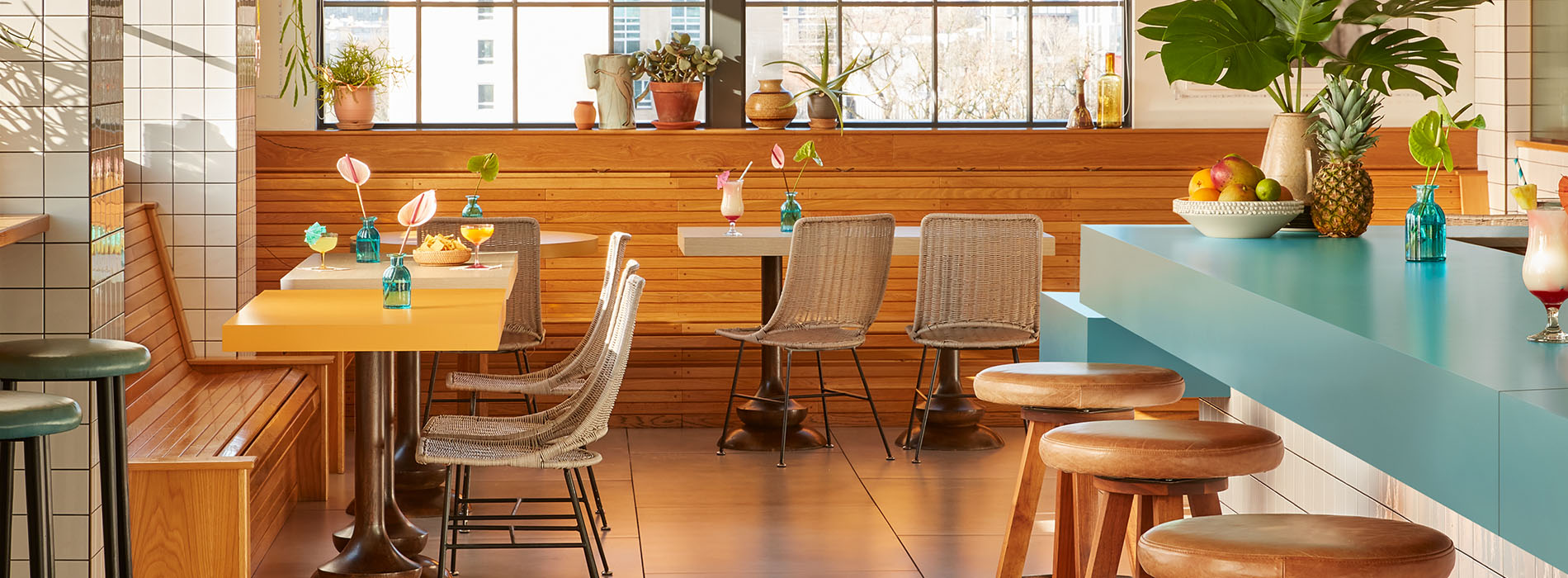 Restaurant scene with 1198 Jadeite countertops, 1193 Gold Braze and ...