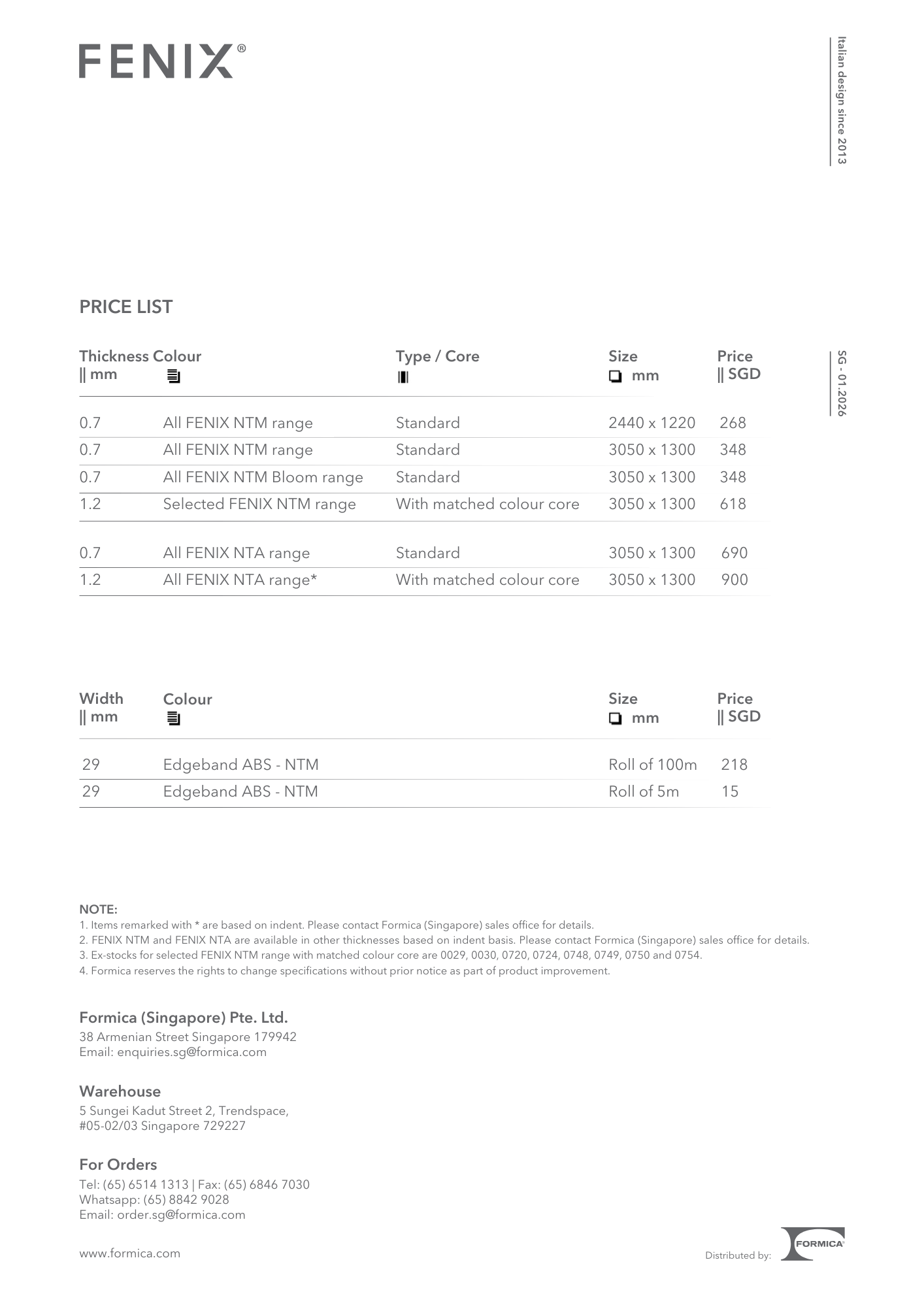 Formica Singapore Price List